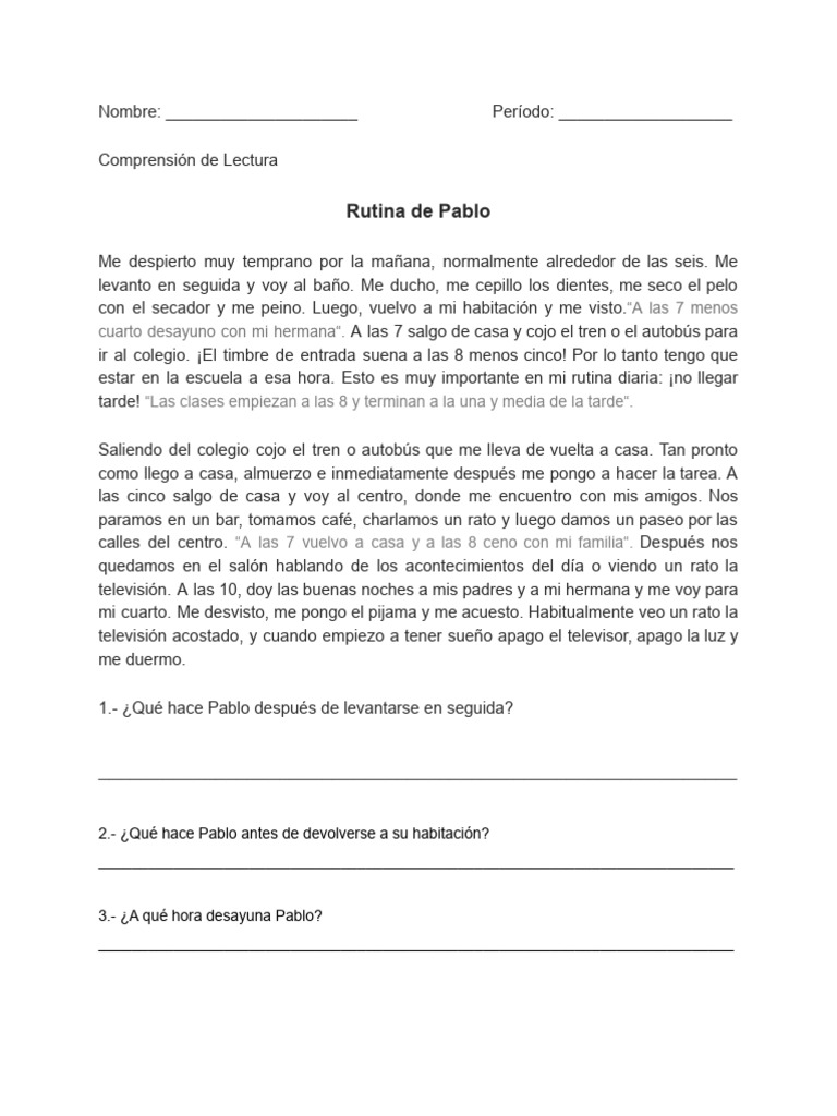 Comprensión de Lectura-rutina.Spanish Honors II | PDF | Almuerzo