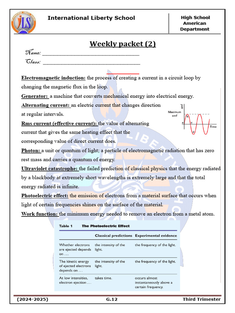 G12-Tri 3-Physics-Weekly Packet 2 (Unsolved) | PDF | Photoelectric ...
