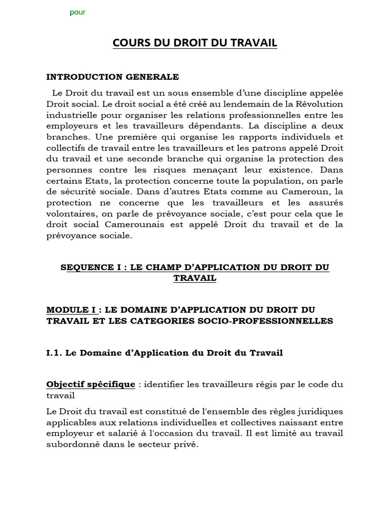 Champ d'application du droit du travail | PDF | Droit du travail ...