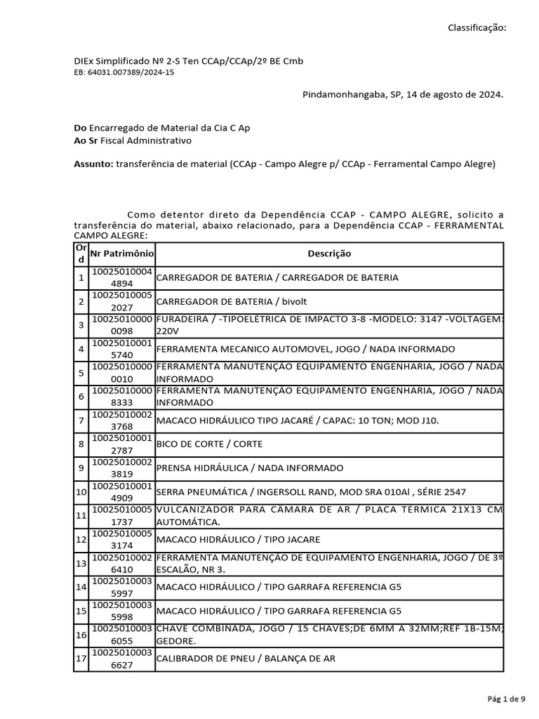 DIEx #2-S Ten CCAp - 14 AGO 24 - Transferência de Material (CCAp ...
