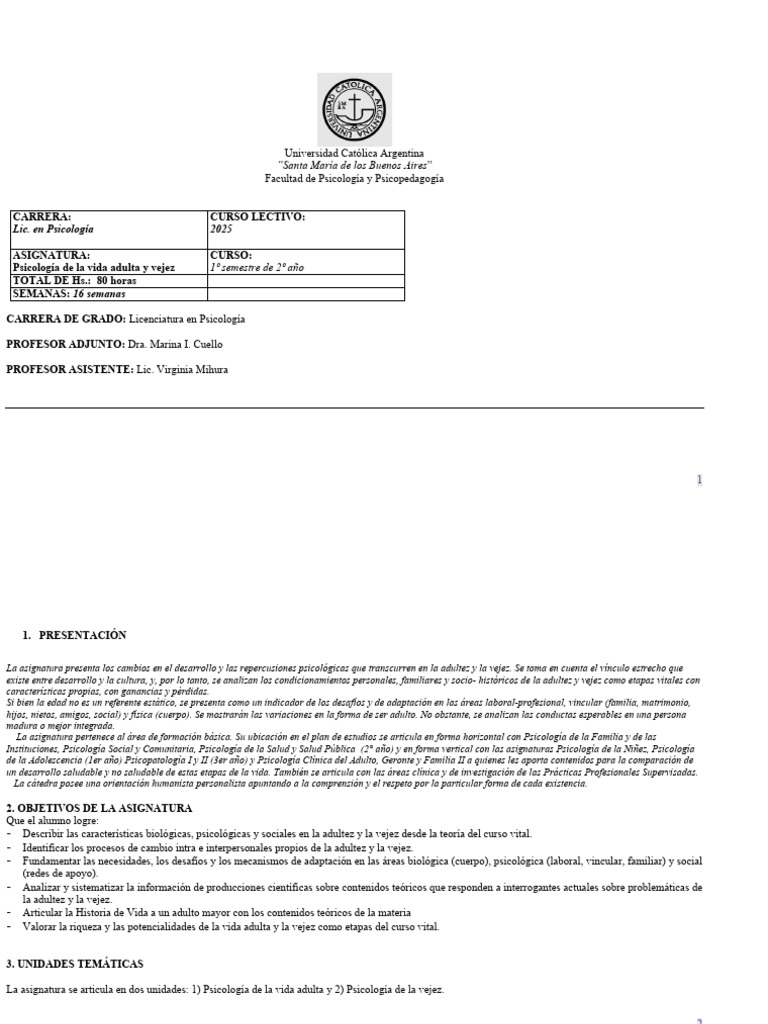 Programa Psicología de La Vida Adulta y Vejez - TMA Miercoles 2025 | PDF | Adultos | Vejez