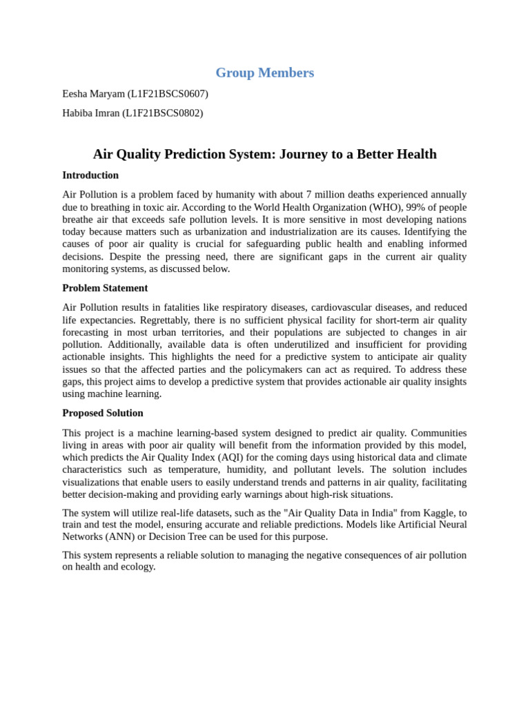 Air Quality Prediction System: Journey To A Better Health: Group Members | PDF
