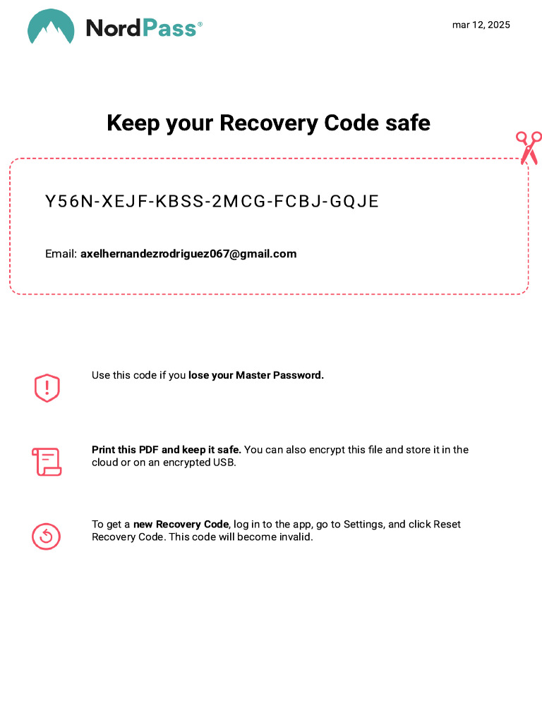 NordPass Recovery Code Instructions | PDF