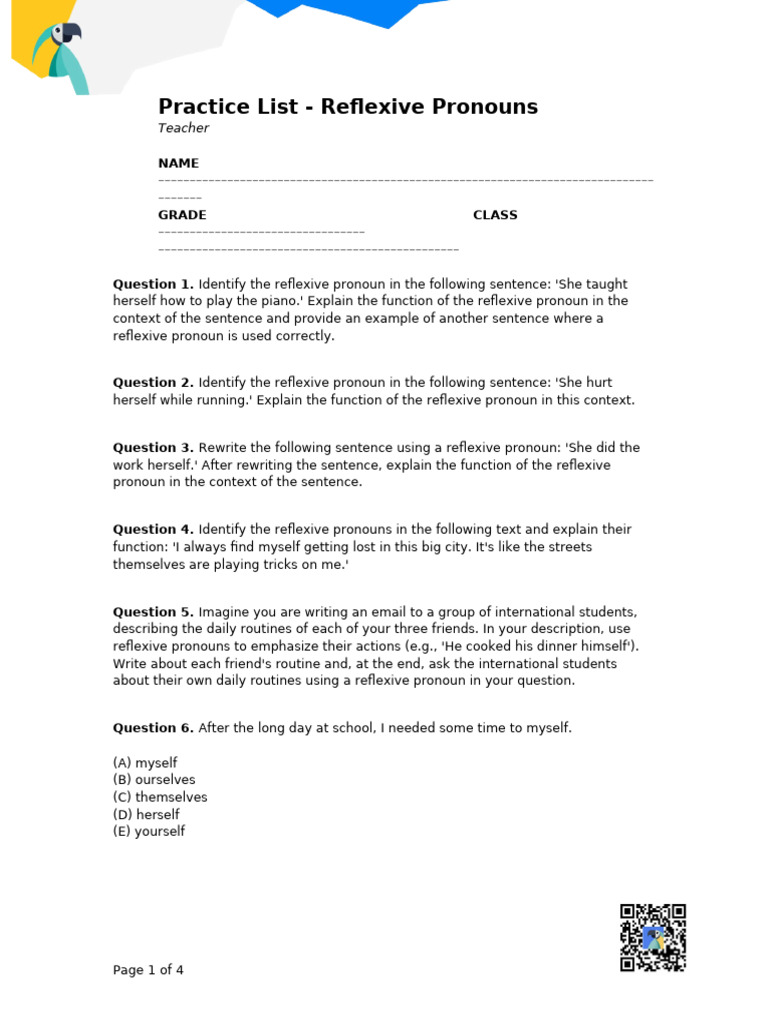 Practice List - Reflexive Pronouns | PDF | Pronoun | Semantic Units