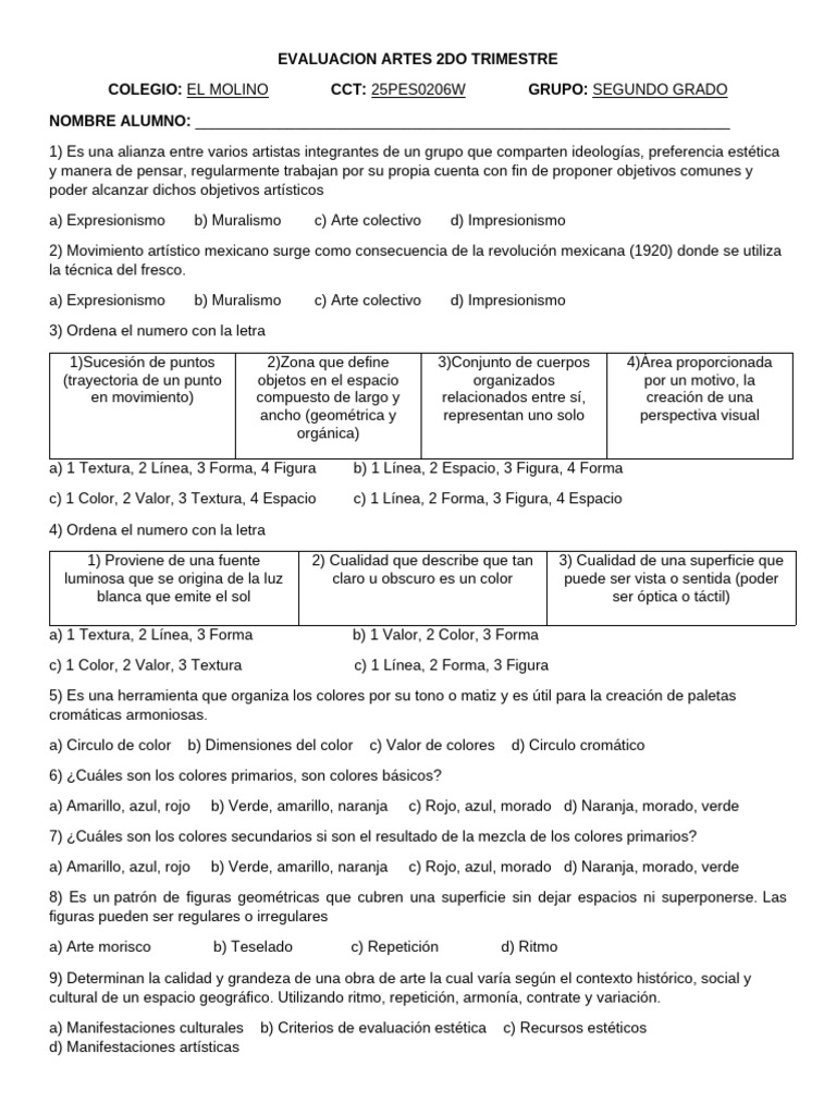 Examen de Artes 2do Grado Trimestre 2 | PDF | Color | Las emociones