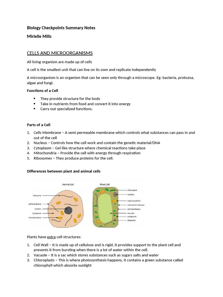 Biology Checkpoints Summary Notes | PDF | Cell (Biology) | Cellular ...