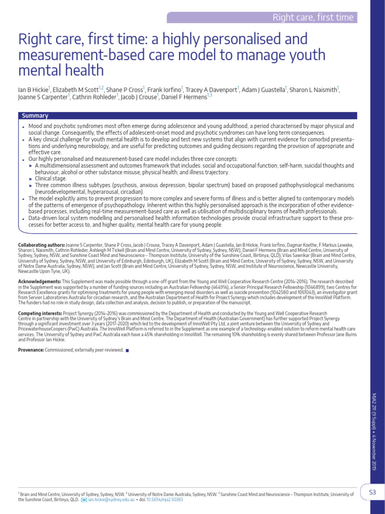 Medical Journal of Australia - 2019 - Hickie - Right Care First Time A Highly Personalised and ...