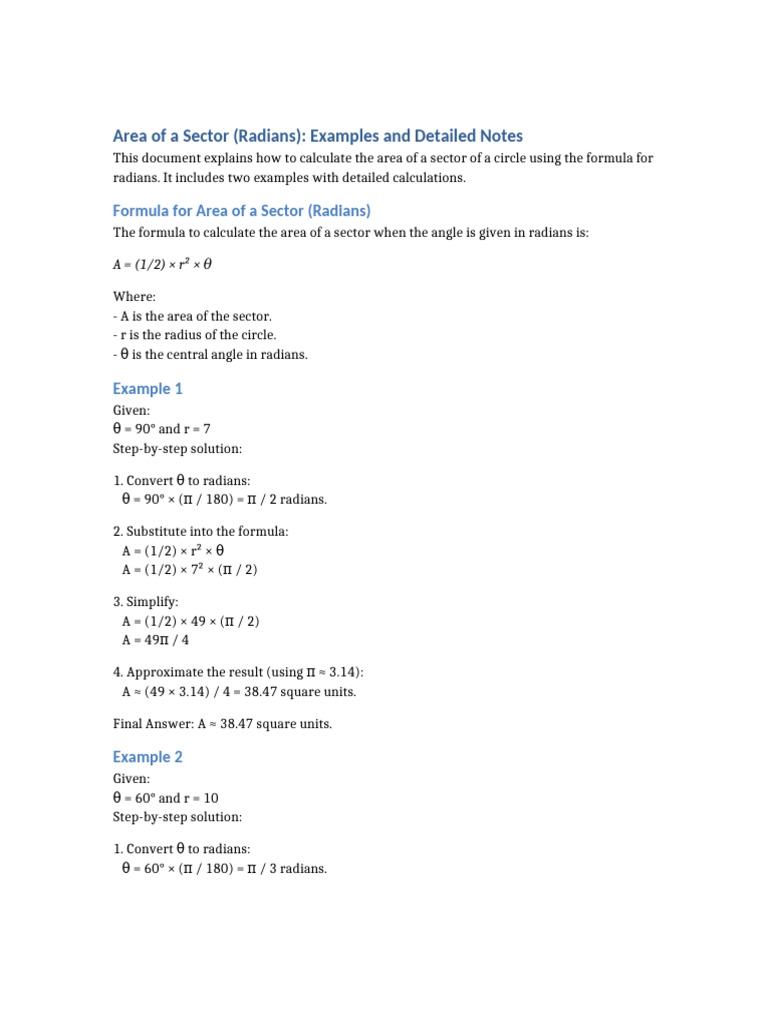 Area of Sector Examples | PDF