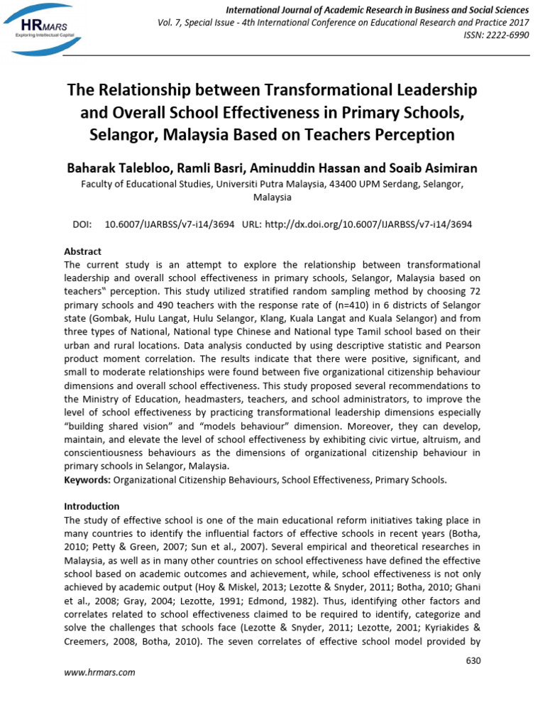 The Relationship Between Transformational Leadership and Overall School Effectiveness in Primary ...