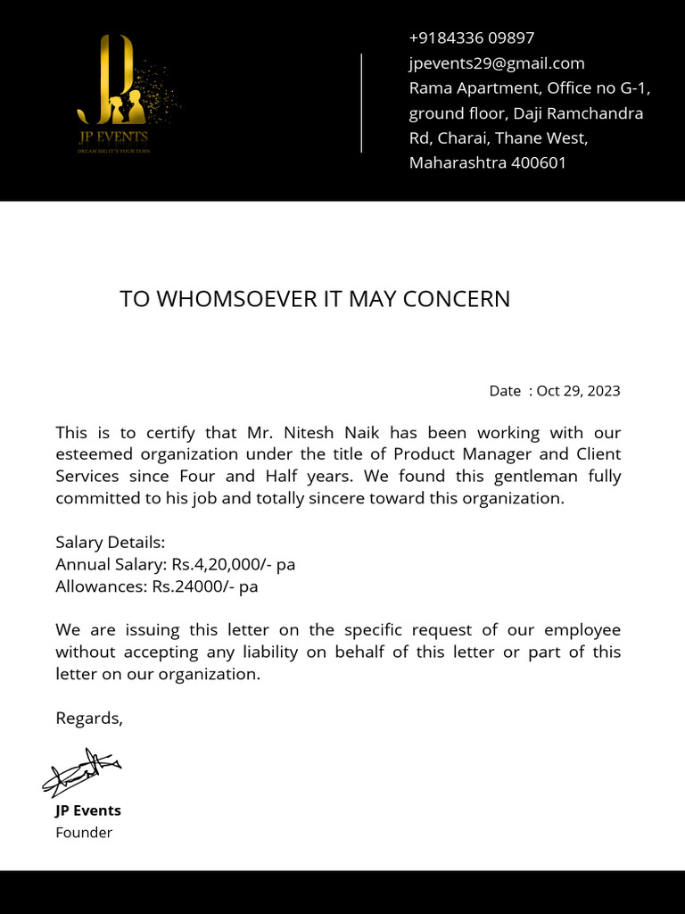 Salary Certificate - Nitesh Naik | PDF