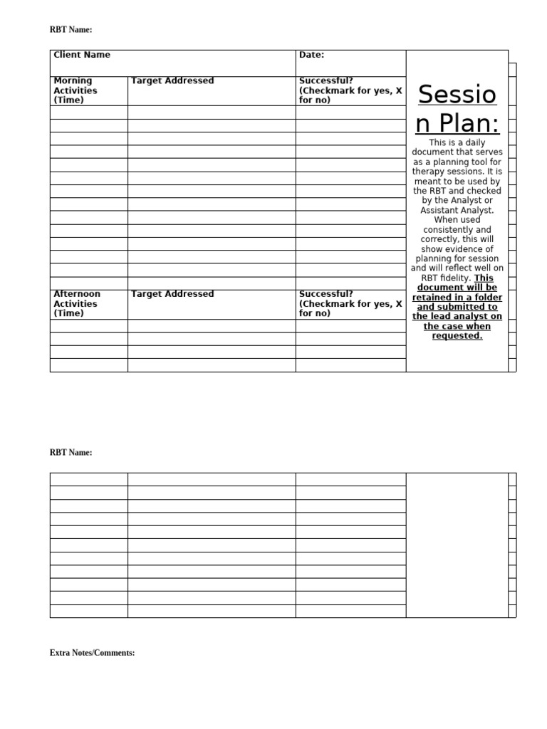 Daily RBT Session Planning Tool | PDF