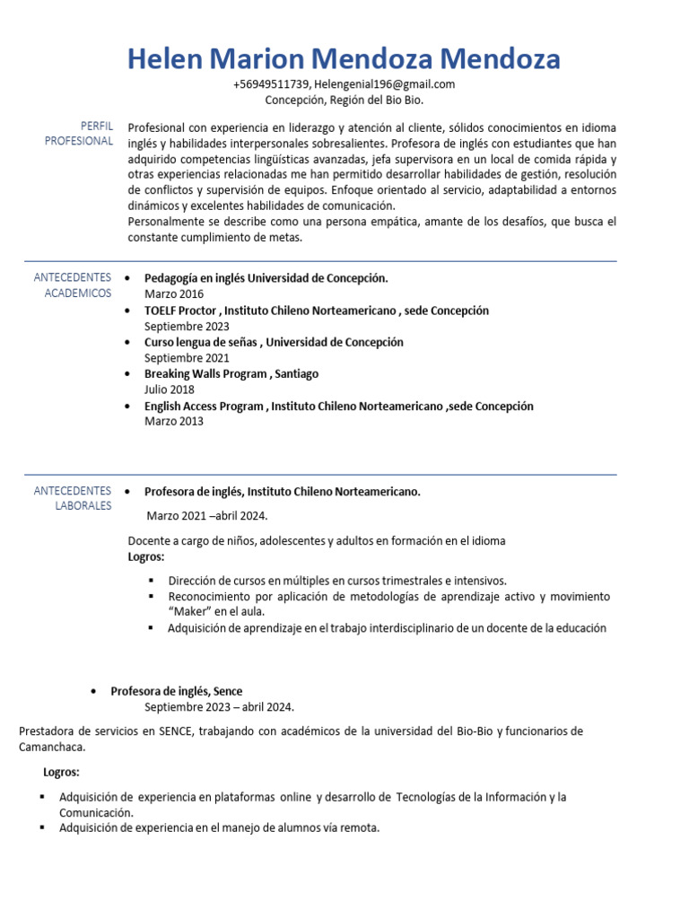 CV Helen Mendoza 2024 | PDF | Maestros | Cognición