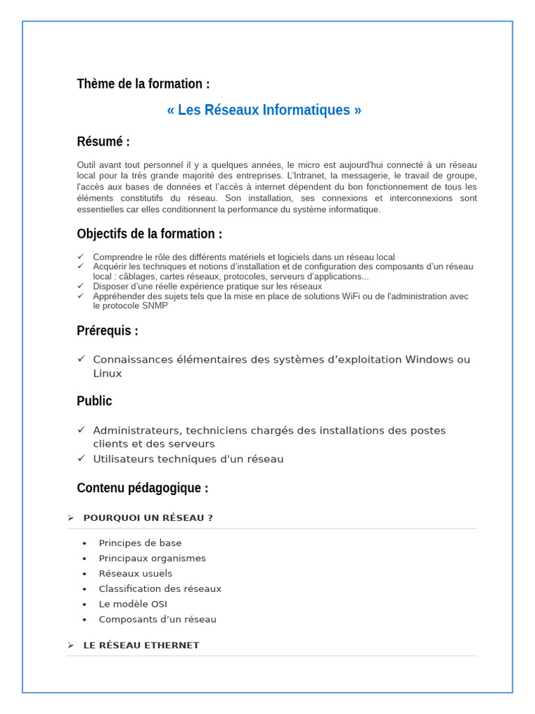 Formation sur les Réseaux Informatiques | PDF | Adresse IP | Ethernet