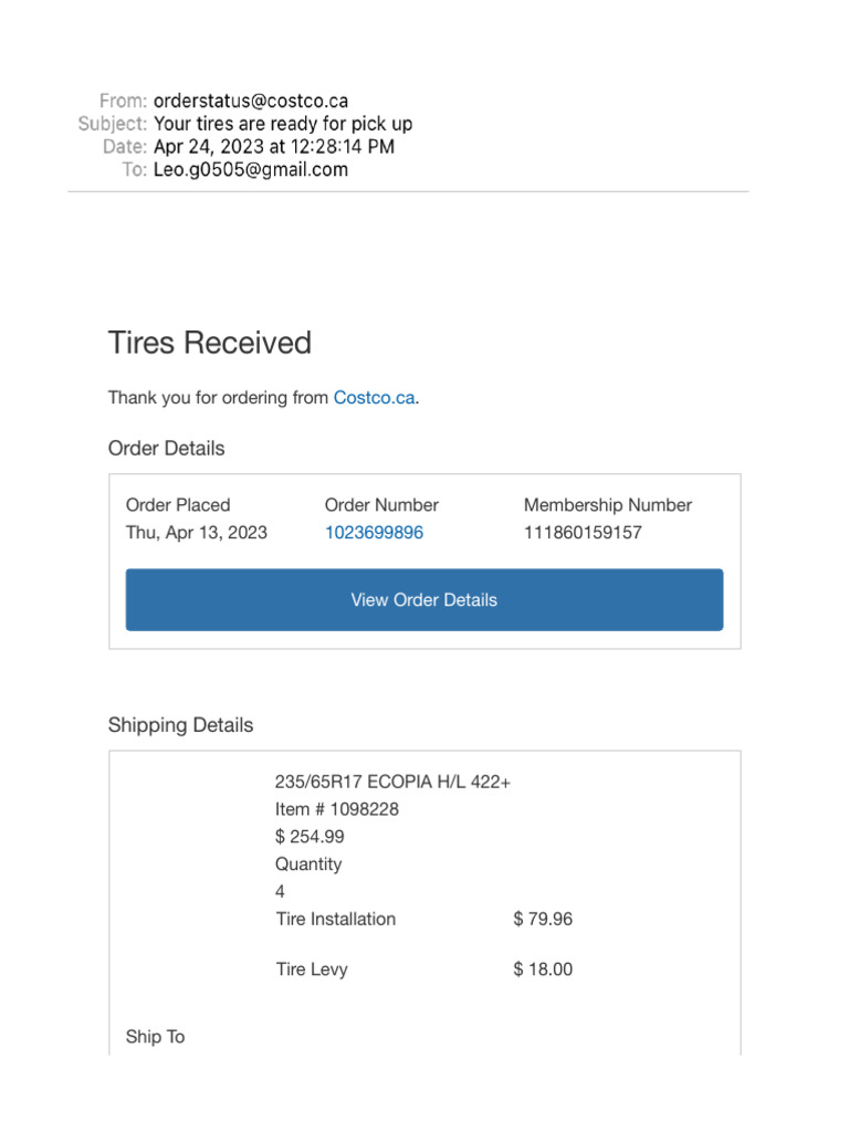 Costco Tire Order Confirmation | PDF