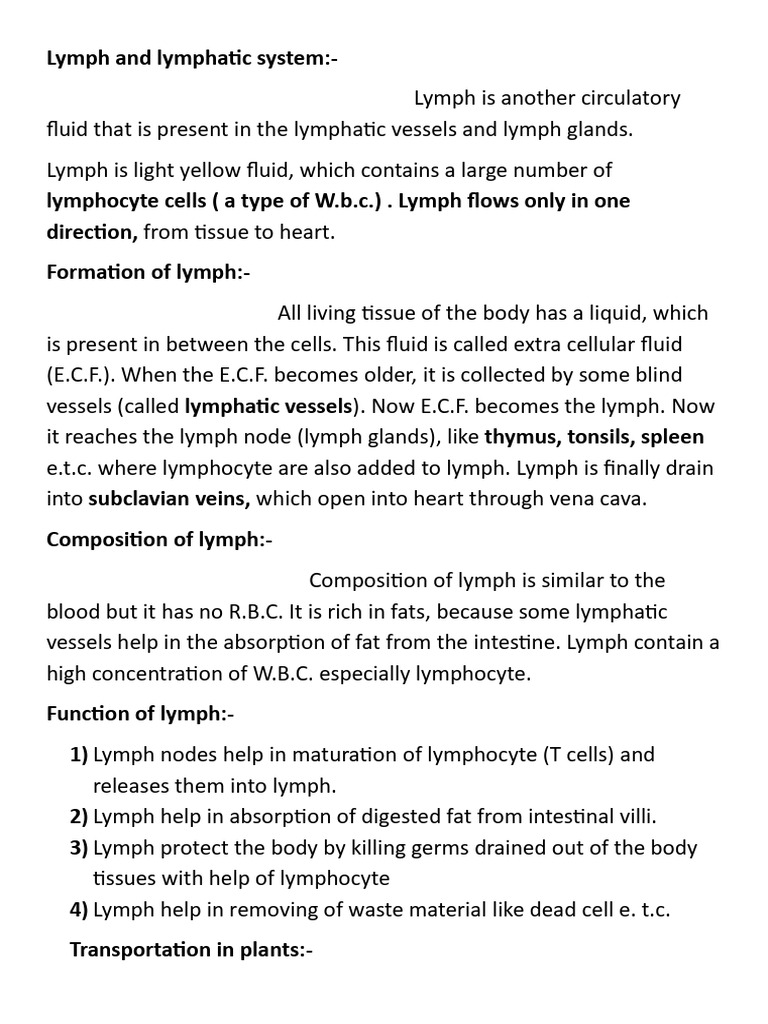 Lymphatic System and Transportation in Plant | PDF | Lymphatic System ...