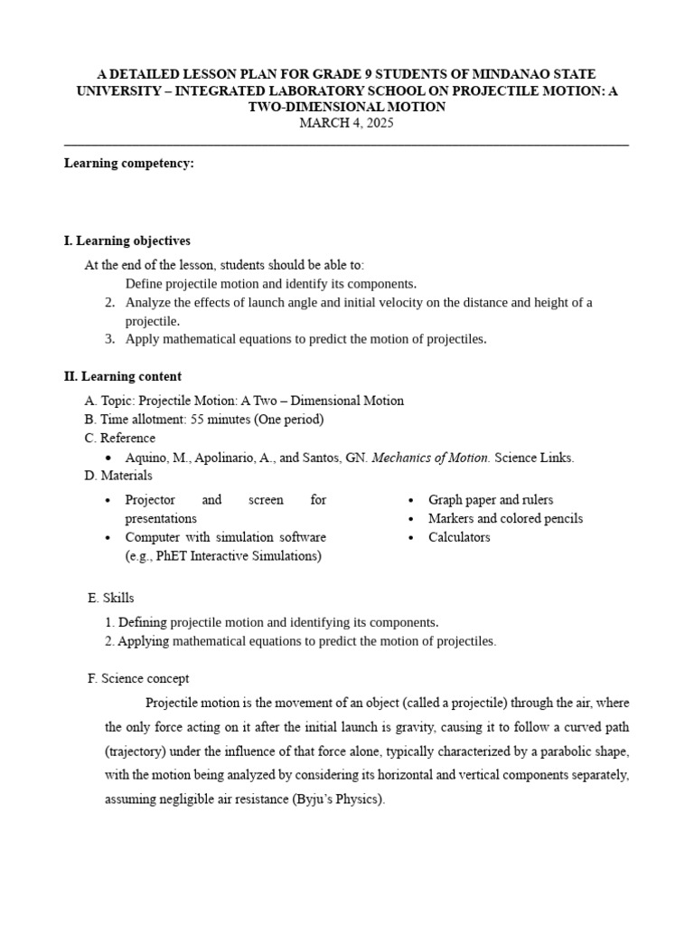 A DETAILED LESSON PLAN FOR PROJECTILE MOTION | PDF | Projectiles ...