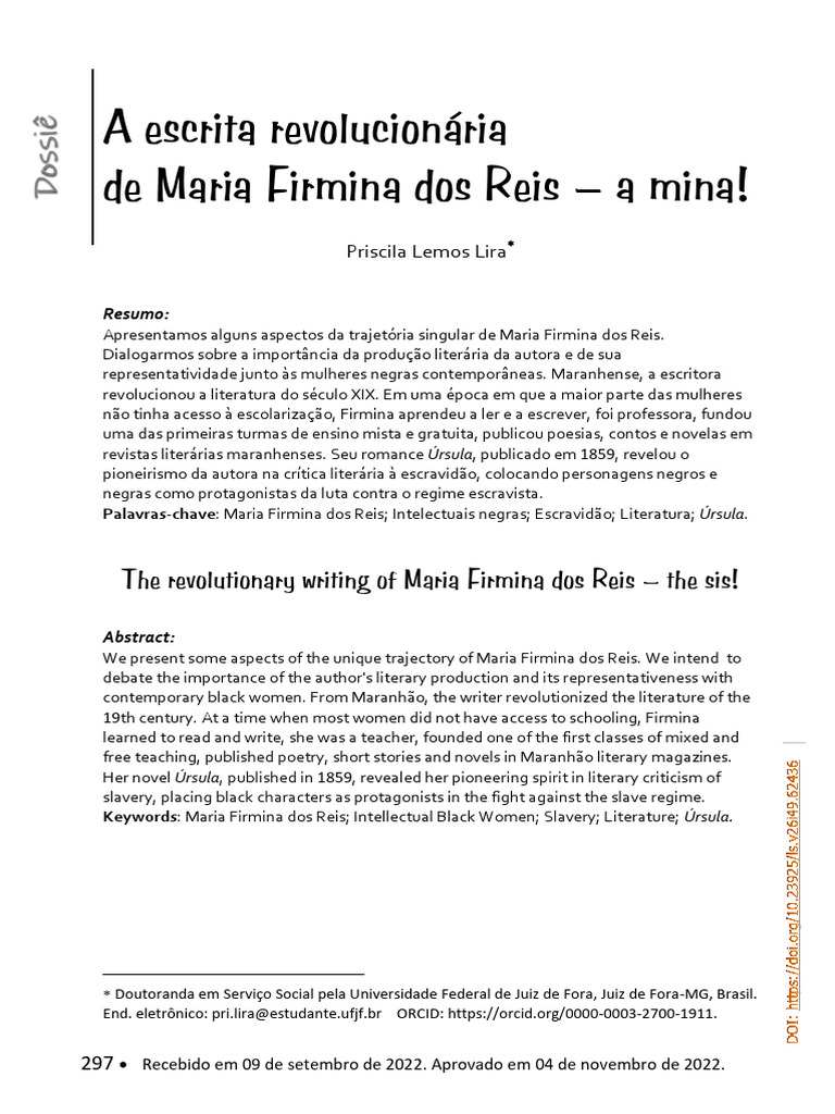 A Escrita Revolucionaria de Maria Firmina Dos Reis | PDF | Escravidão | Interseccionalidade