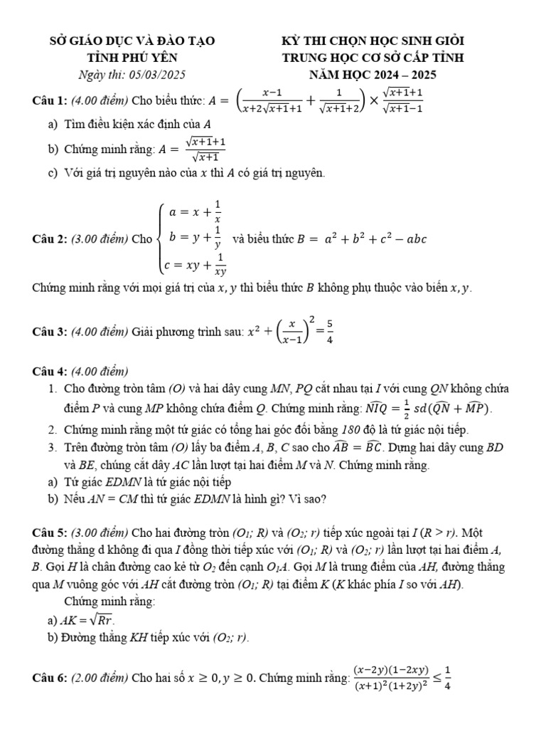 De Chon Hoc Sinh Gioi Tinh Toan Thcs Nam 2024 2025 So GDDT Phu Yen | PDF