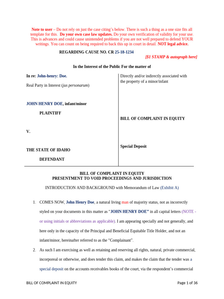 Bill of Complaint in Equity for Minor | PDF | Equity (Law) | Legal Remedy