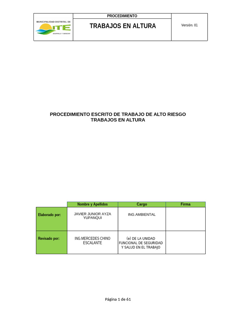 Procedimiento Escrito de Trabajo de Alto Riesgo Trabajos en Altura - Servicio (1) | PDF ...