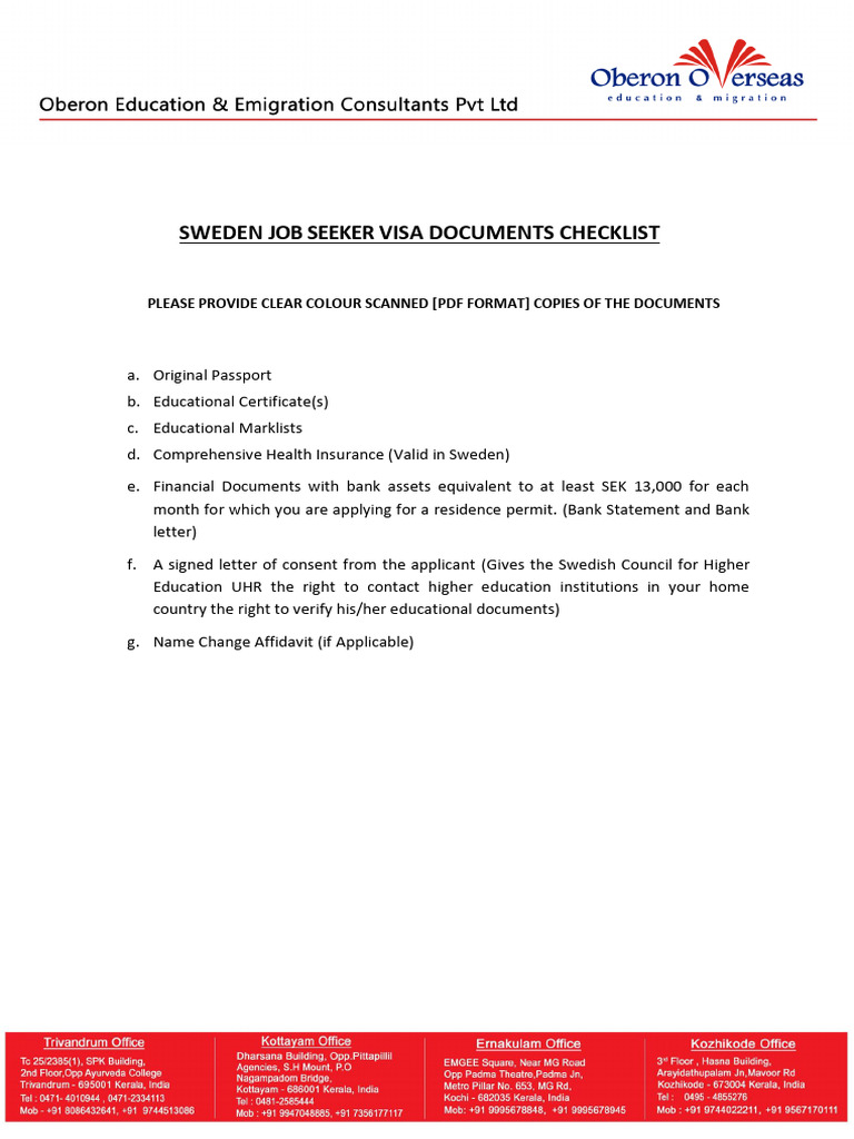 Sweden Job Seeker Visa Document Checklist | PDF