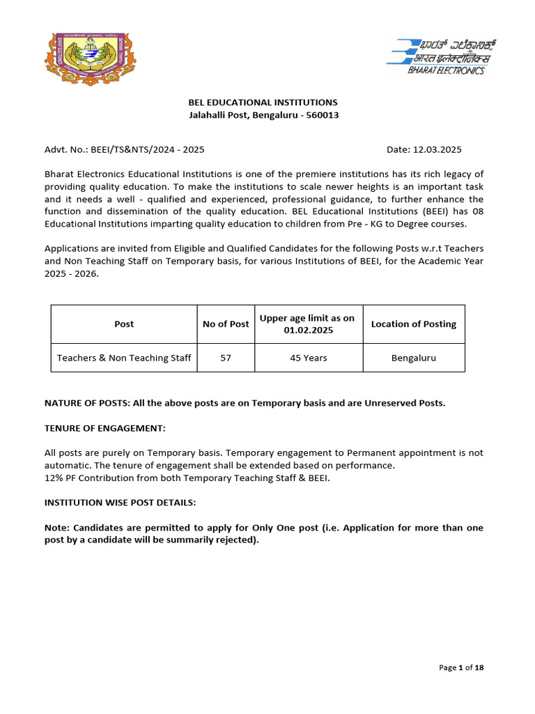 Notification For Bel Teachers 67d25dcec9c2452609473 | PDF | Academic ...