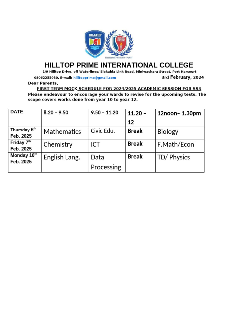 Mock Timetable For Year 12 | PDF