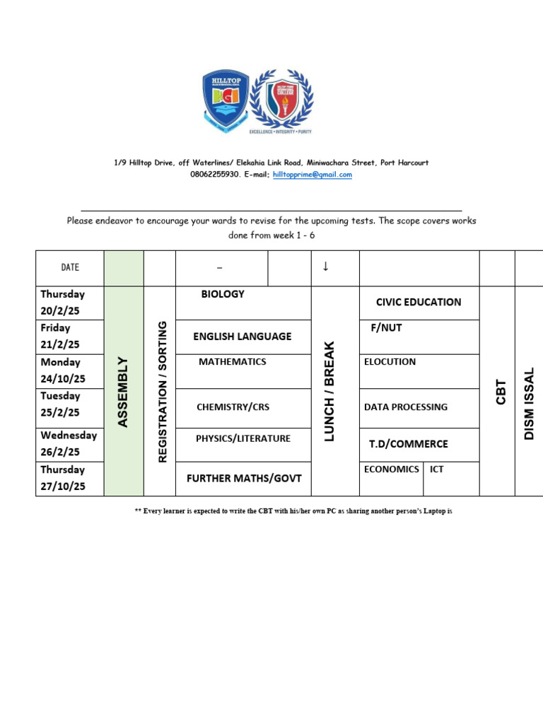 Hilltop Prime Midterm Test Timetable For Seniors | PDF