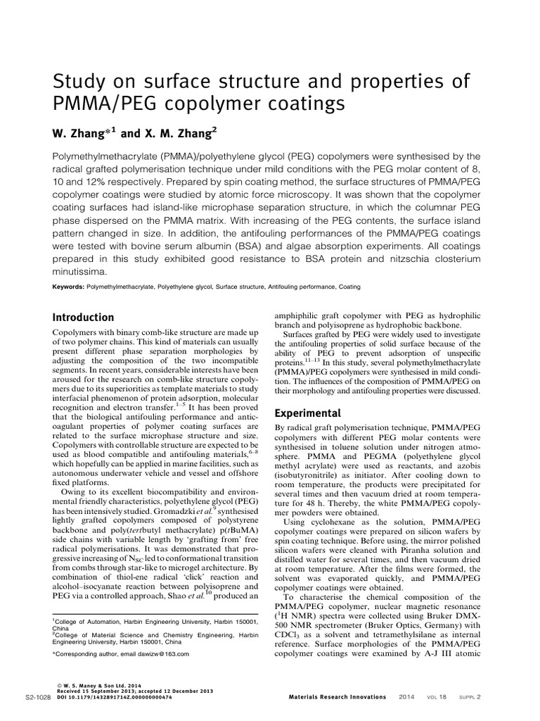 Study On Surface Structure and Properties of PMMA/PEG Copolymer ...