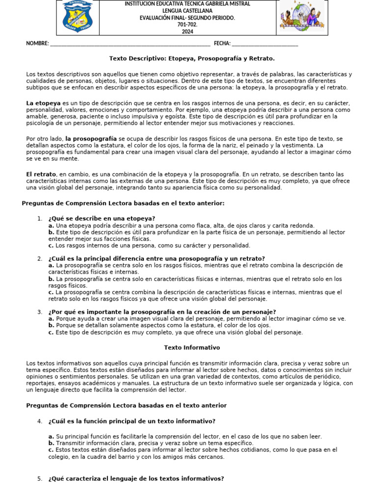 Evaluacion Segundo Periodo Grado 7 | PDF | Retrato | Narrativa