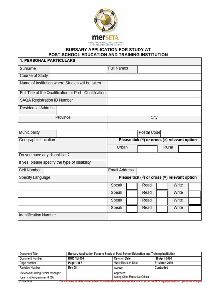 BUR-FM-004 Bursary Application Form To Study at Post-School Education ...