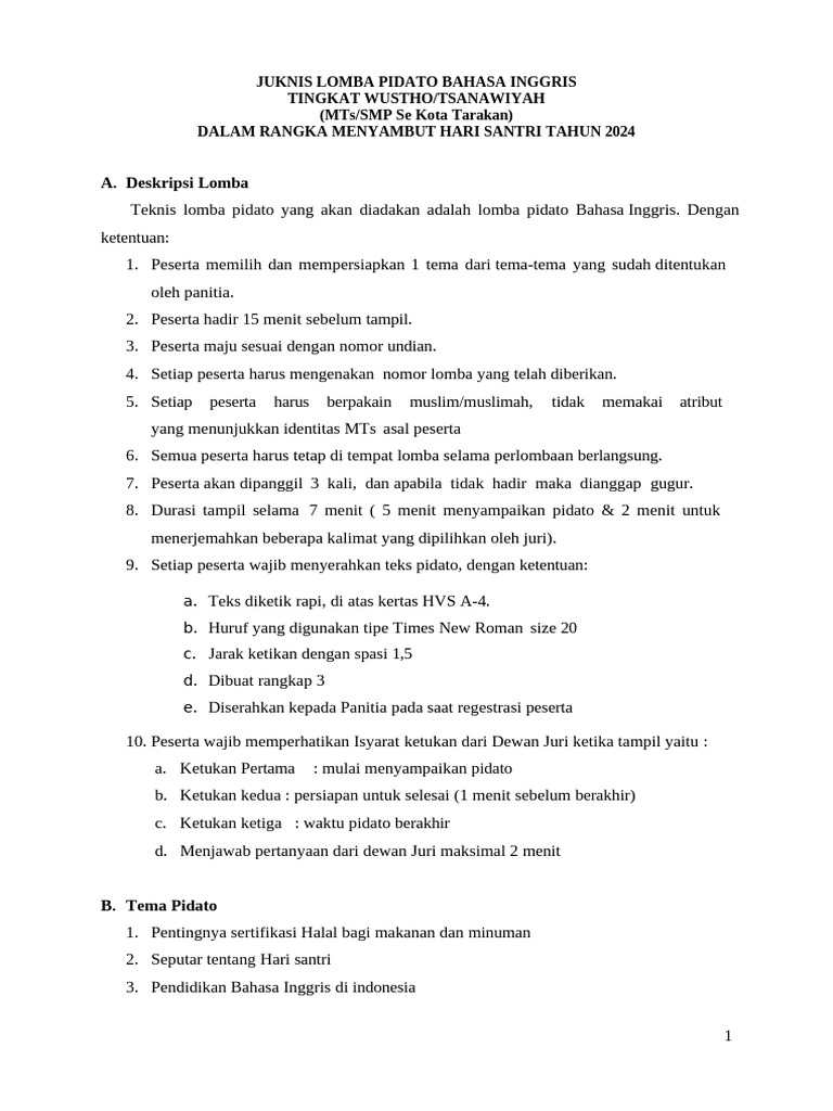 Juknis Lomba Pidato Bahasa Inggris MTs 2024 | PDF