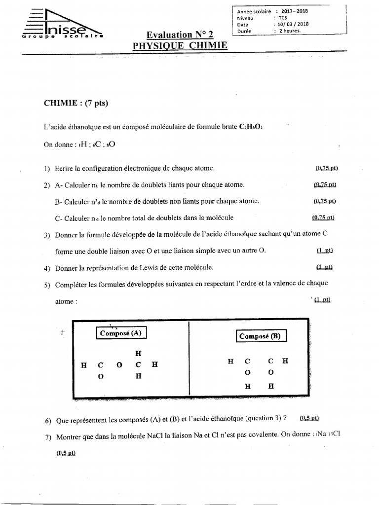 Devoir 1 Modele 3 Physique Chimie Tc Semestre 2 1 | PDF