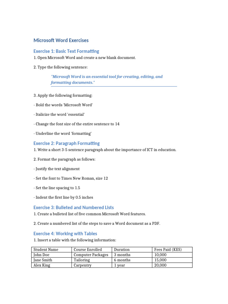 MS Word Exercises | PDF