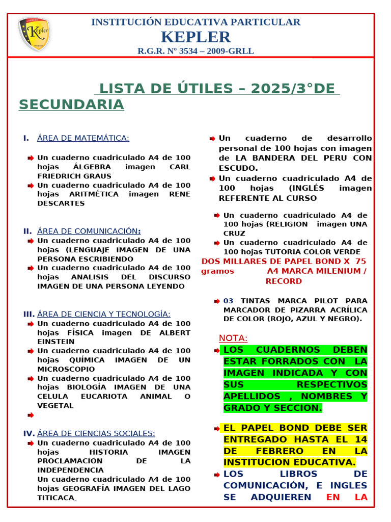 LISTA DE UTILES ESCOLARES 3ERO (1) | PDF