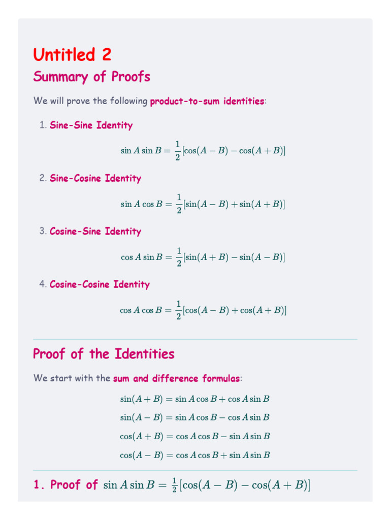 Products of Sines & Cosines Identitites | PDF | Trigonometric Functions ...