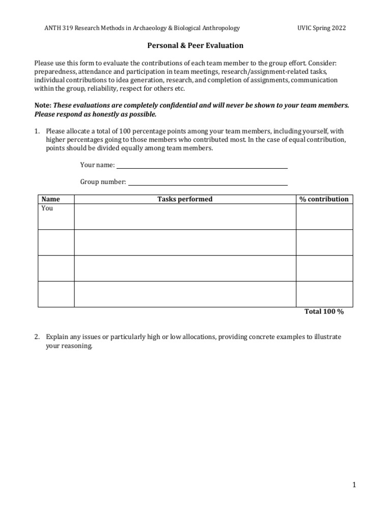 Team Member Evaluation Form for ANTH 319 | PDF