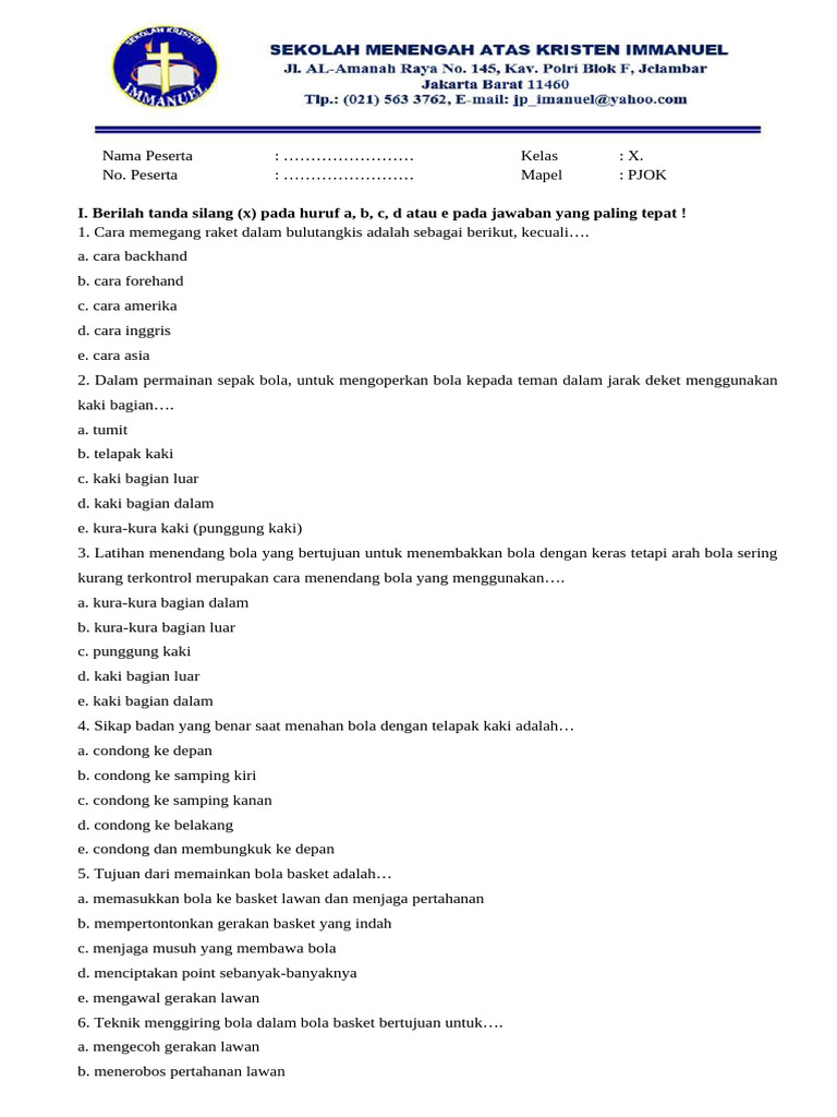 Soal PTS PJOK Kelas XI | PDF