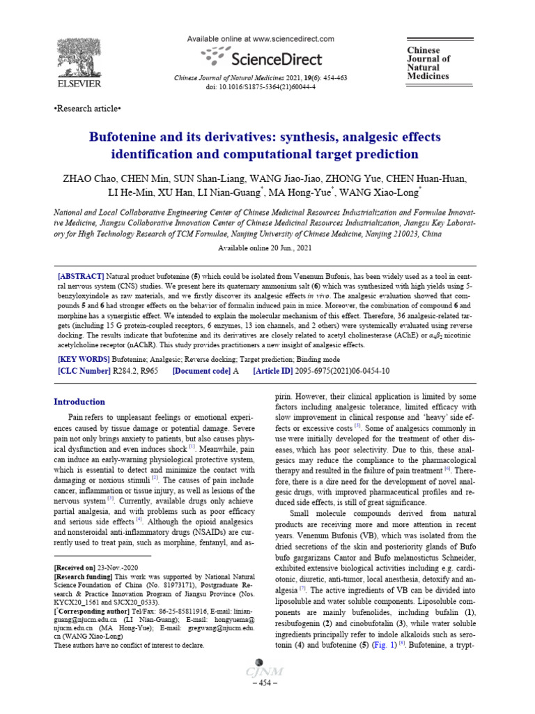Bufotenine and Its Derivatives Synthesis, Analgesic Effects | PDF ...