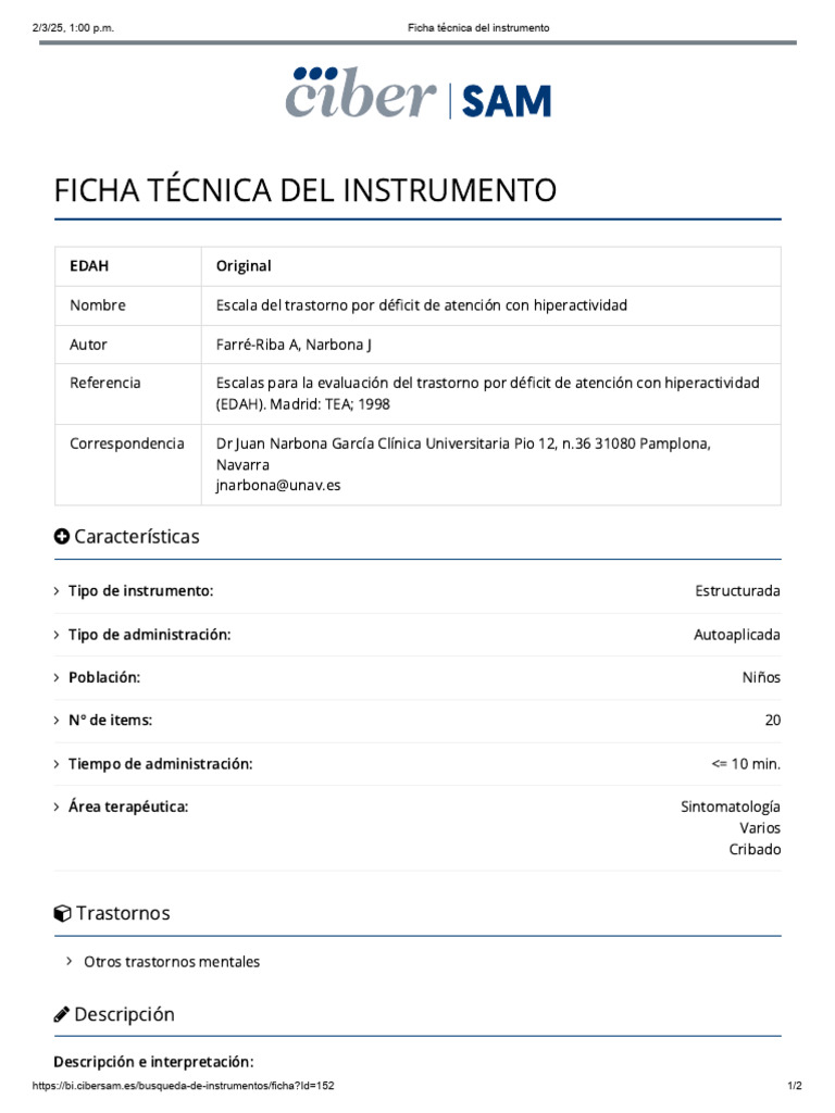 Ficha Técnica Del Instrumento EDAH | PDF | Desarrollo humano | Sicología