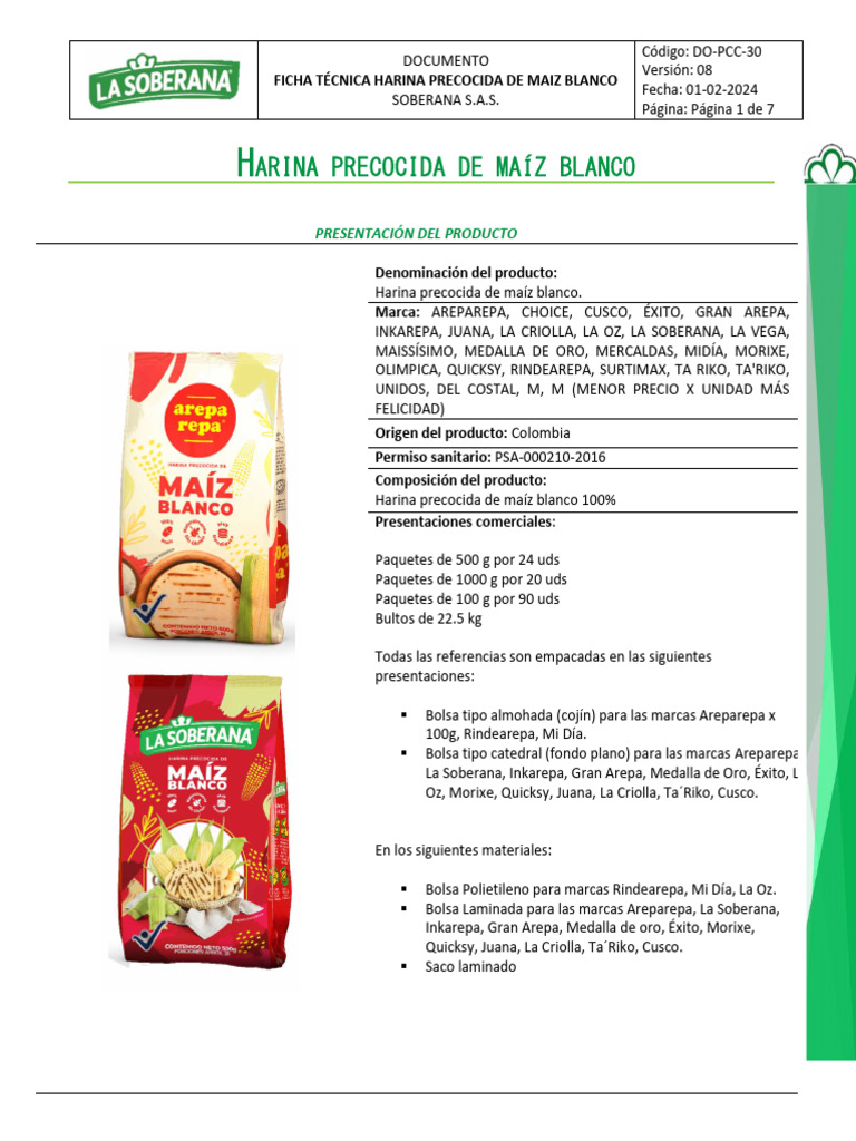 Ficha Tecnica Harina de Maiz Arepa Arepa y Soberana Actualizada | PDF | Maíz | Alimentos