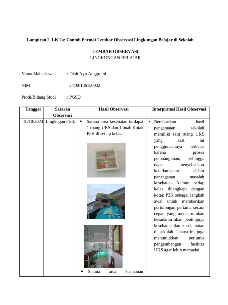 FIX LK 2a Lembar Observasi Lingkungan Belajar_Diah Ayu Anggraini_PGSD01 | PDF