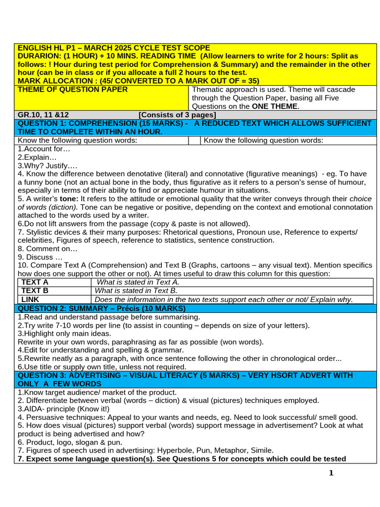 English HL March 2025 Test Scope | PDF | Verb | Noun