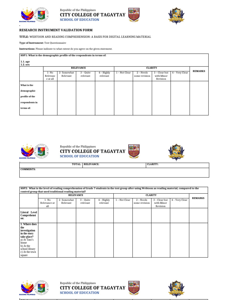 Research Instrument Validation Form Pdf Inference Psychology