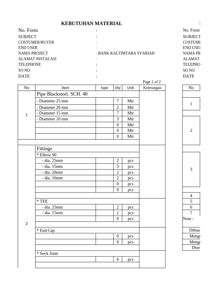 Kebutuhan Material Proyek Bank Kaltimtara | PDF