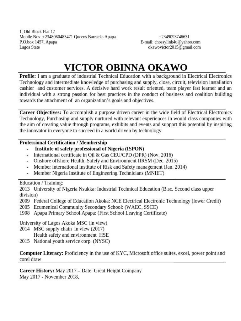 CV For Victor Obinna Okawo | PDF | Inventory | Lesson Plan