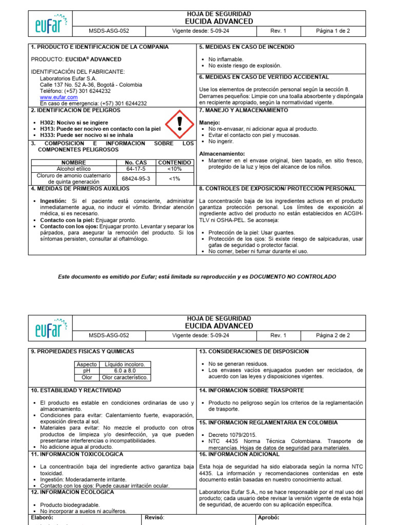 Hoja de Seguridad Eucida Advance | PDF