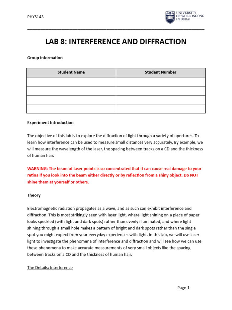 Interference and Diffraction Lab Guide | PDF | Diffraction | Light