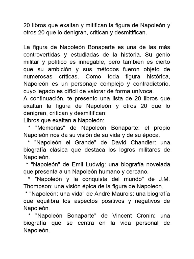 20 Libros Que Exaltan y Mitifican La Figura de Napoleón y Otros 20 Que ...
