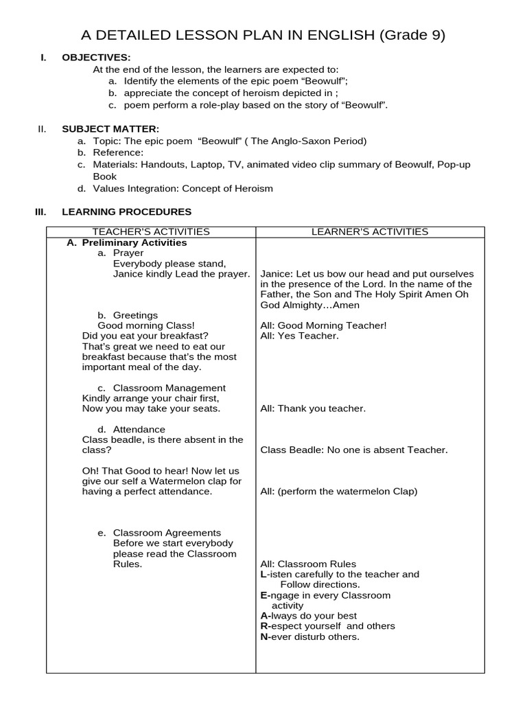 A Detailed Lesson Plan in English | PDF | Hero | Beowulf